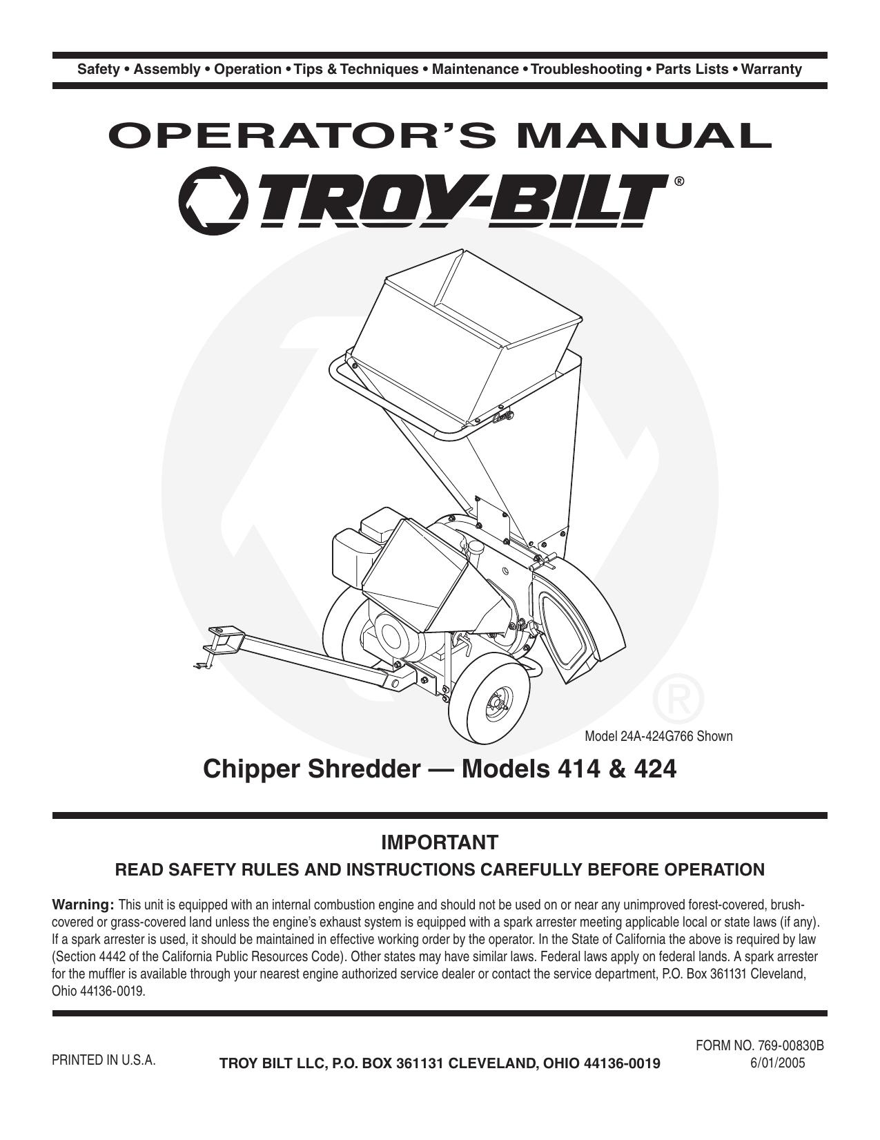 Troy-Bilt 414 Chipper User Manual | Manualzz