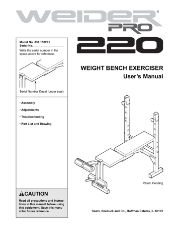 WEIDER PRO 220 Weight Bench User's Manual | Manualzz
