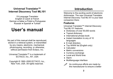 Ectaco Multilanguage Universal Translator ML101 User`s manual | Manualzz
