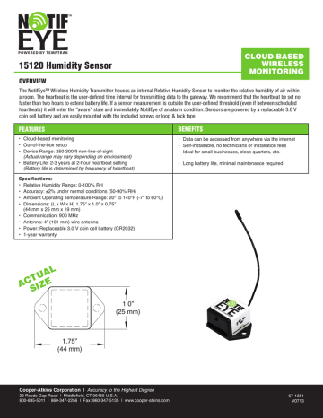 Cooper Atkins 15120 Legacy Humidity Sensor Product sheet | Manualzz