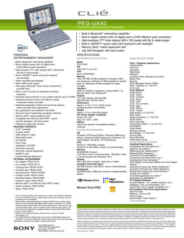 Sony CLIE PEG-UX40 Specification Sheet | Manualzz