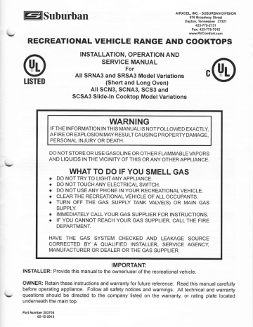 Suburban RV Range SRNA3 & SRSA3 Installation Manual | Manualzz