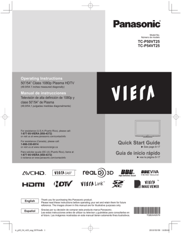 Panasonic TC-P50VT25B plasma panel Operating instructions | Manualzz