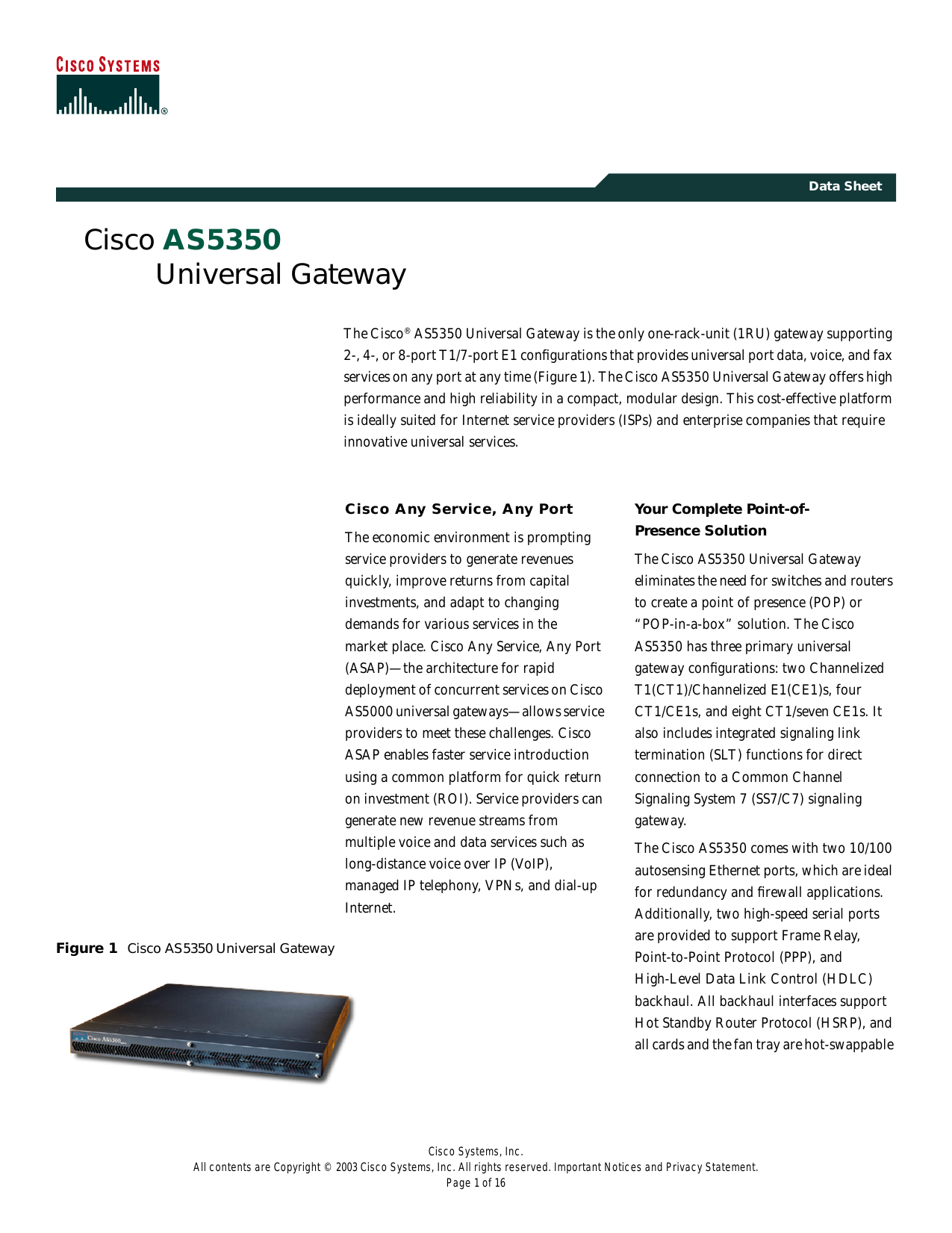 Cisco AS5300 SERIES UNIVERSAL GATEWAYS Datasheet | Manualzz