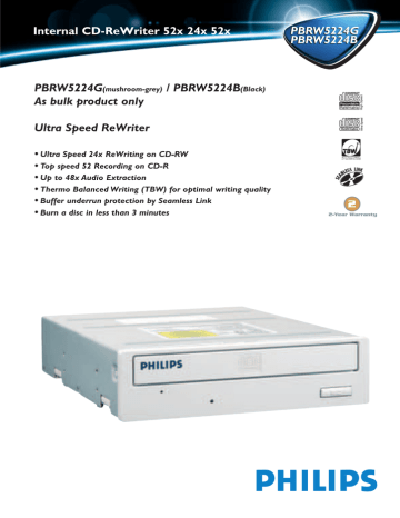 Philips Internal CDRW 52x24x52 IDE Bulk Grey Datasheet | Manualzz