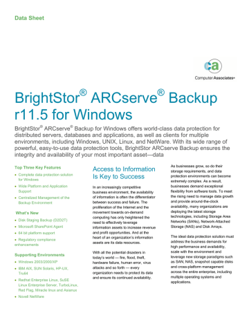 CA BrightStor® ARCserve® Backup r11.5 for Windows Datasheet | Manualzz