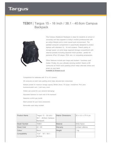 Targus TEB01 backpack Datasheet | Manualzz