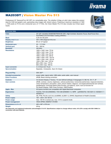 iiyama Vision Master Pro513 22" CRT 117kHz Datasheet | Manualzz