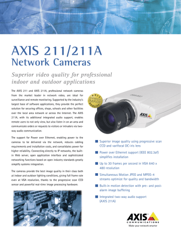 Axis 211A Webcam, 10 unit pack Barebone Datasheet | Manualzz