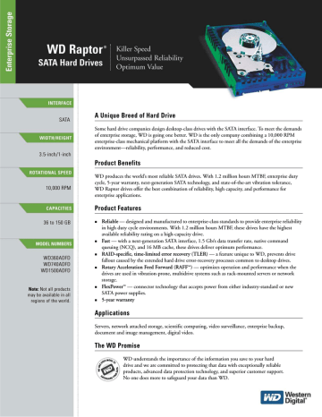Western Digital Raptor SATA Hard Drive Datasheet | Manualzz