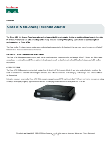 Cisco ATA 186 Analog Telephone Adapter Datasheet | Manualzz