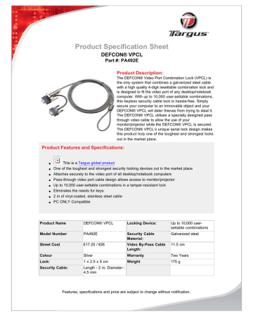 Targus DEFCON® Video Port Combination Lock Datasheet | Manualzz