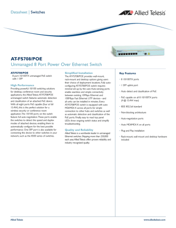 Allied Telesis AT-FS708/POE Unmanaged Switch Datasheet | Manualzz