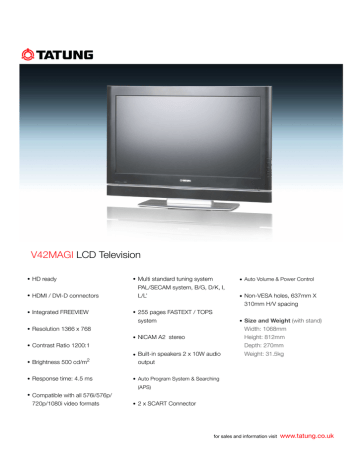 Tatung 42" Widescreen LCD TV Datasheet | Manualzz