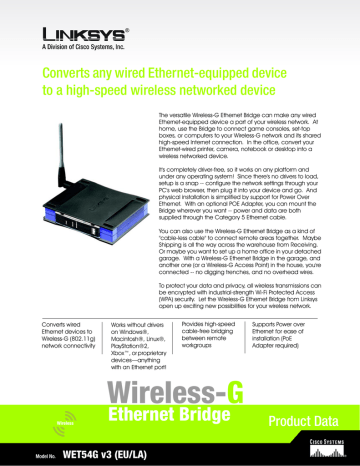 Linksys Wireless-G Ethernet Bridge Datasheet | Manualzz