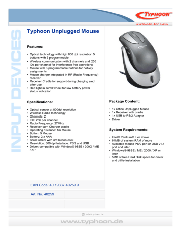 Typhoon Unplugged II Mouse Datasheet | Manualzz