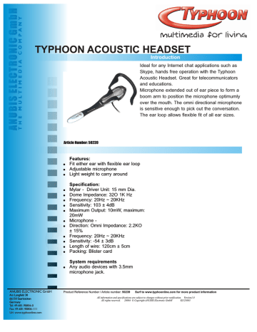 Typhoon Acoustic Headset Datasheet | Manualzz