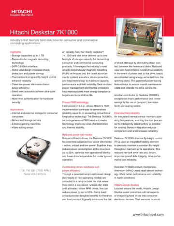 Hitachi Deskstar 7K1000 750 GB SATA 3.0 Gb/s Datasheet | Manualzz