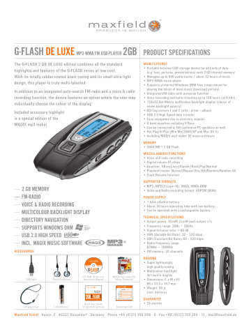Maxfield G-Flash Deluxe MP3-Player 2Gb Datasheet | Manualzz
