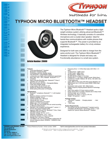 Typhoon Micro Bluetooth Headset Datasheet | Manualzz
