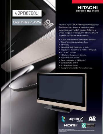 Hitachi 42" Widescreen Plasma HD TV Datasheet | Manualzz