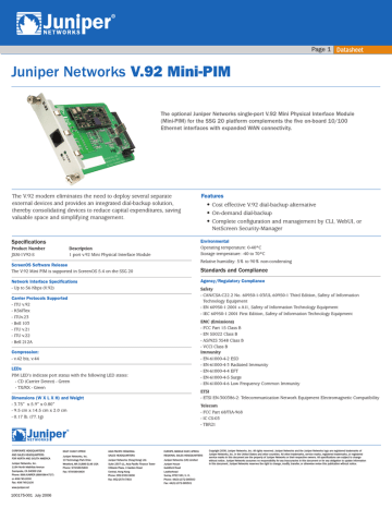 Juniper 1 port v.92 Mini Physical Interface Module Datasheet | Manualzz