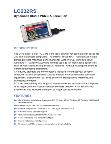 Dynamode RS232 PCMCIA Serial Port Datasheet | Manualzz
