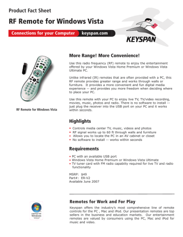 Keyspan RF Remote Control - PC Datasheet | Manualzz