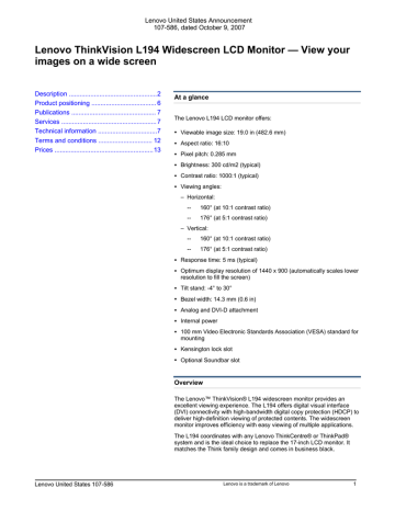 Lenovo ThinkVision 19 Datasheet | Manualzz
