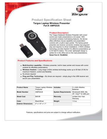 Targus Wireless remote presenter Datasheet | Manualzz