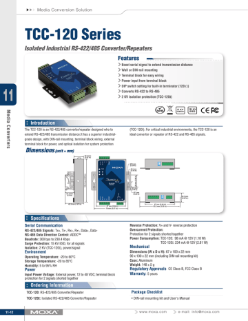 Moxa TCC-120I RS422/485 Converter/Repeater Datasheet | Manualzz