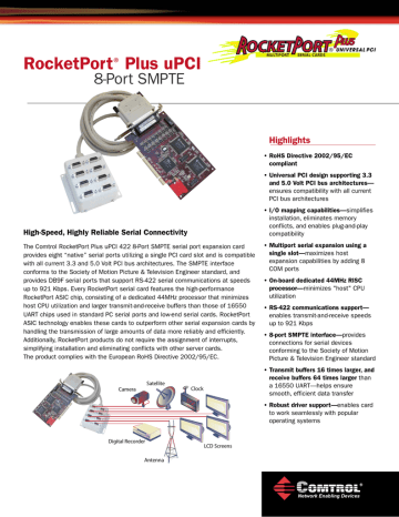 Comtrol RocketPort Plus uPCI 8-Port SMPTE RoHS Datasheet | Manualzz