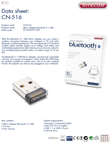 Sitecom Micro Adapter Bluetooth 2.1 USB Datasheet | Manualzz