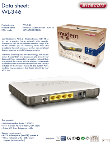 Sitecom Wireless Modem Router 150N Datasheet | Manualzz