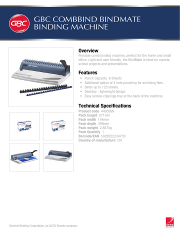 GBC Combbind Bindmate Binding Machine Datasheet | Manualzz