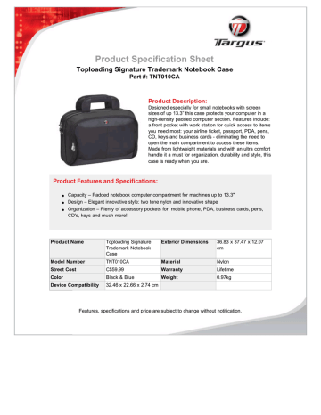 Targus Trademark Notebook Case Datasheet | Manualzz
