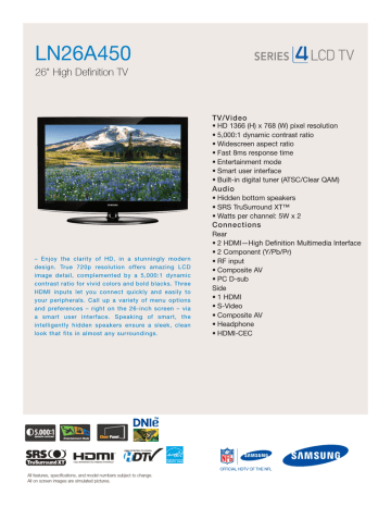 Samsung LN26A450 LCD TV Datasheet | Manualzz