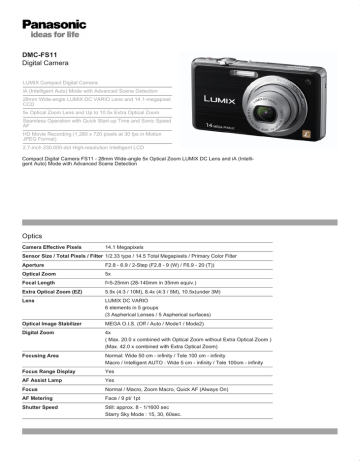 Panasonic DMC-FS11 Datasheet | Manualzz