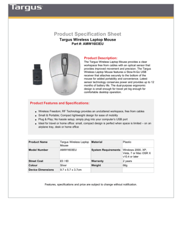 Targus Wireless Laptop Mouse Datasheet | Manualzz