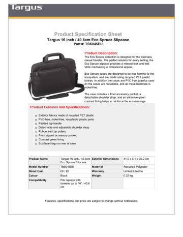 Targus 16" Eco Spruce Slipcase Datasheet | Manualzz