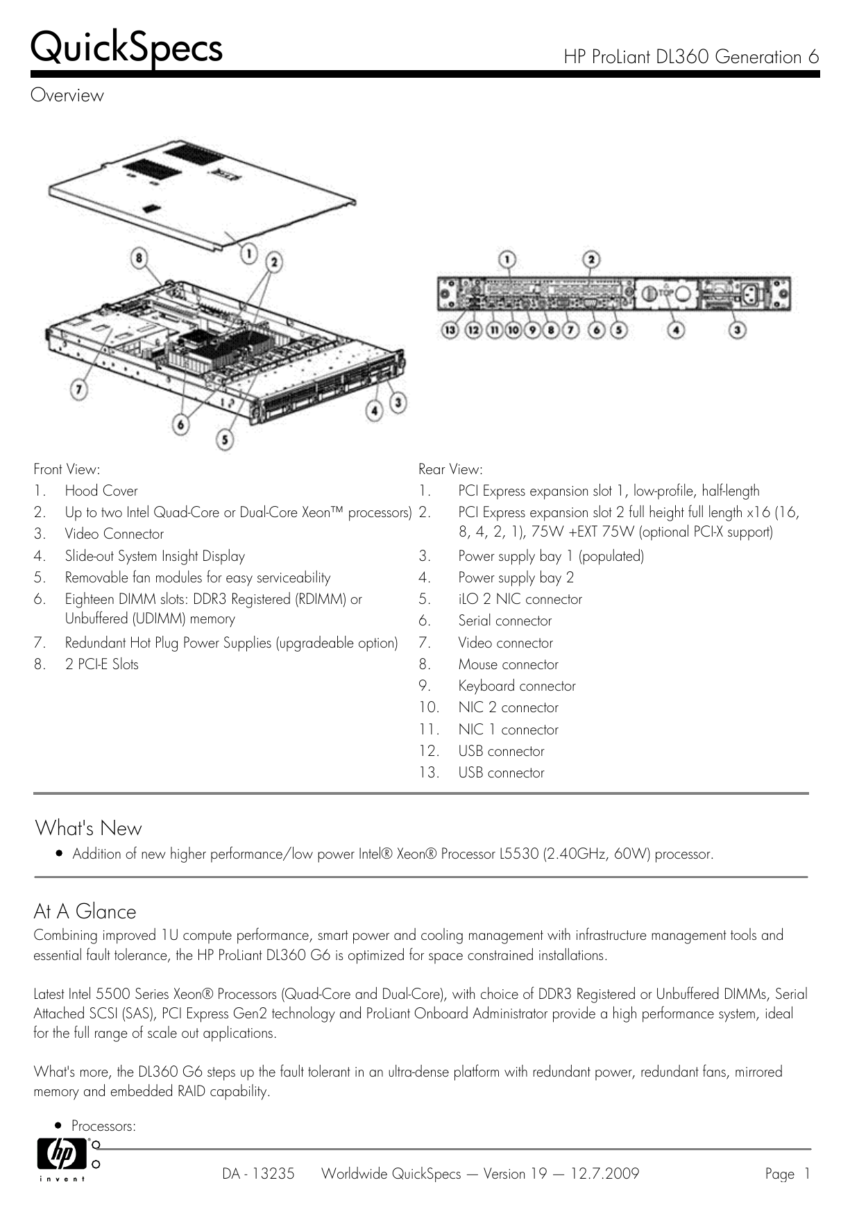 HP ProLiant DL360 G6 Datasheet | Manualzz