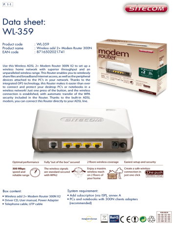 Sitecom Wireless adsl 2+ Modem Router 300N Datasheet | Manualzz