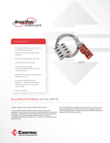 Comtrol RocketPort EXPRESS 8-Port SMPTE Datasheet | Manualzz