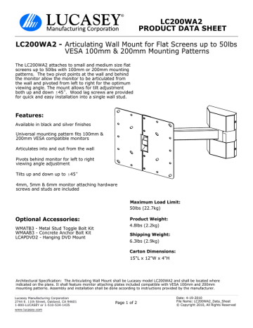 Lucasey LC200WA2 flat panel wall mount Datasheet | Manualzz