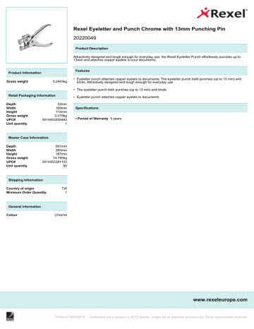 Rexel Eyeletter and Punch Chrome Datasheet | Manualzz