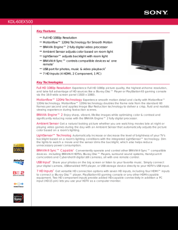 Sony KDL-60EX500 LCD TV Datasheet | Manualzz