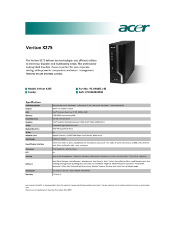 Acer Veriton X275 + V223HQBOb Datasheet | Manualzz