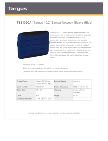 Targus 10.2” Zamba Netbook Sleeve Datasheet | Manualzz