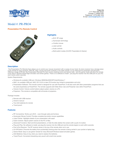 Tripp Lite PR-PRO4 remote control Datasheet | Manualzz