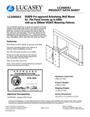 Lucasey LC200DS1 flat panel wall mount Datasheet | Manualzz